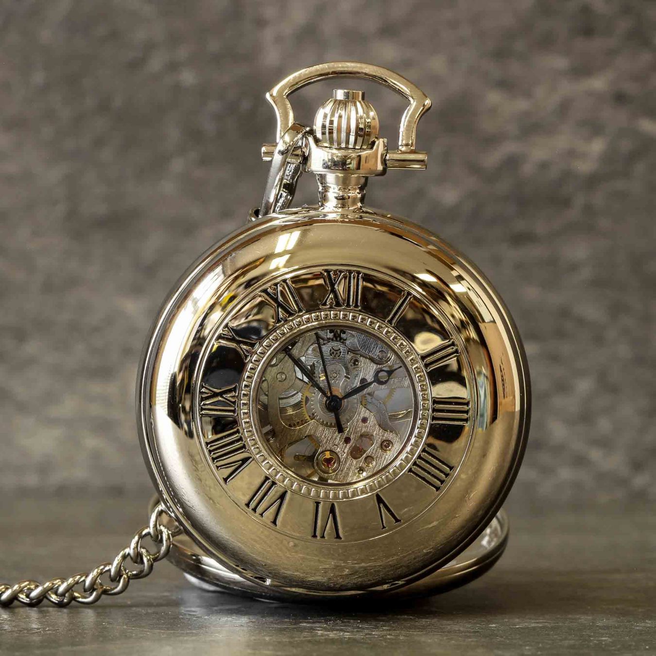 Chrome Plated Mechanical Double Half Hunter Engraveable Pocket Watch ...
