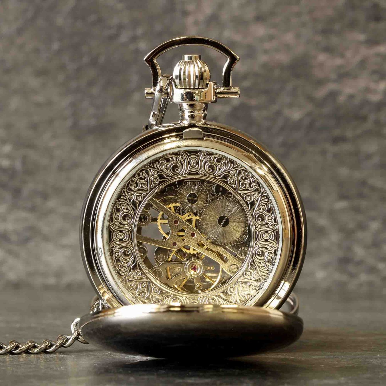Chrome Plated Mechanical Double Half Hunter Engraveable Pocket Watch ...