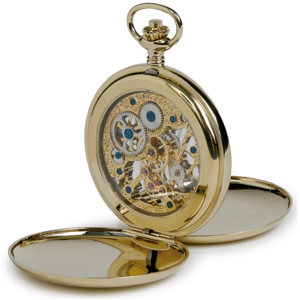 Gold Plated 17 Jewel Mechanical Skeleton Double Hunter Polished Pocket ...