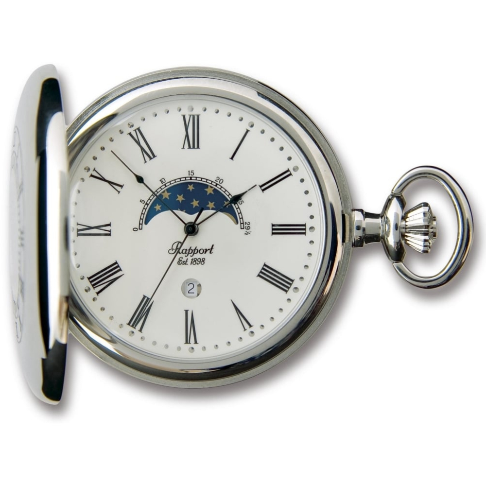 Silver Tone Polished Moon Phase Half Hunter Quartz Pocket Watch PW81 ...