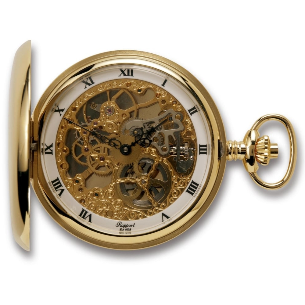 Gold Plated 17 Jewel Mechanical Skeleton Double Hunter Polished Pocket ...