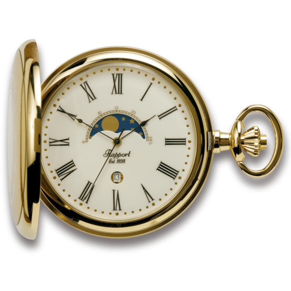 Gold Plated Polished Moon Phase Half Hunter Quartz Pocket Watch PW80 ...