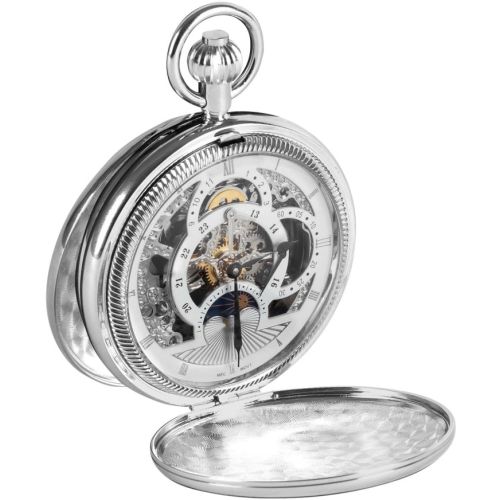Double Hunter Chrome Plated Moon Dial Pocket Watch W1083 | Pocketwatch Uk