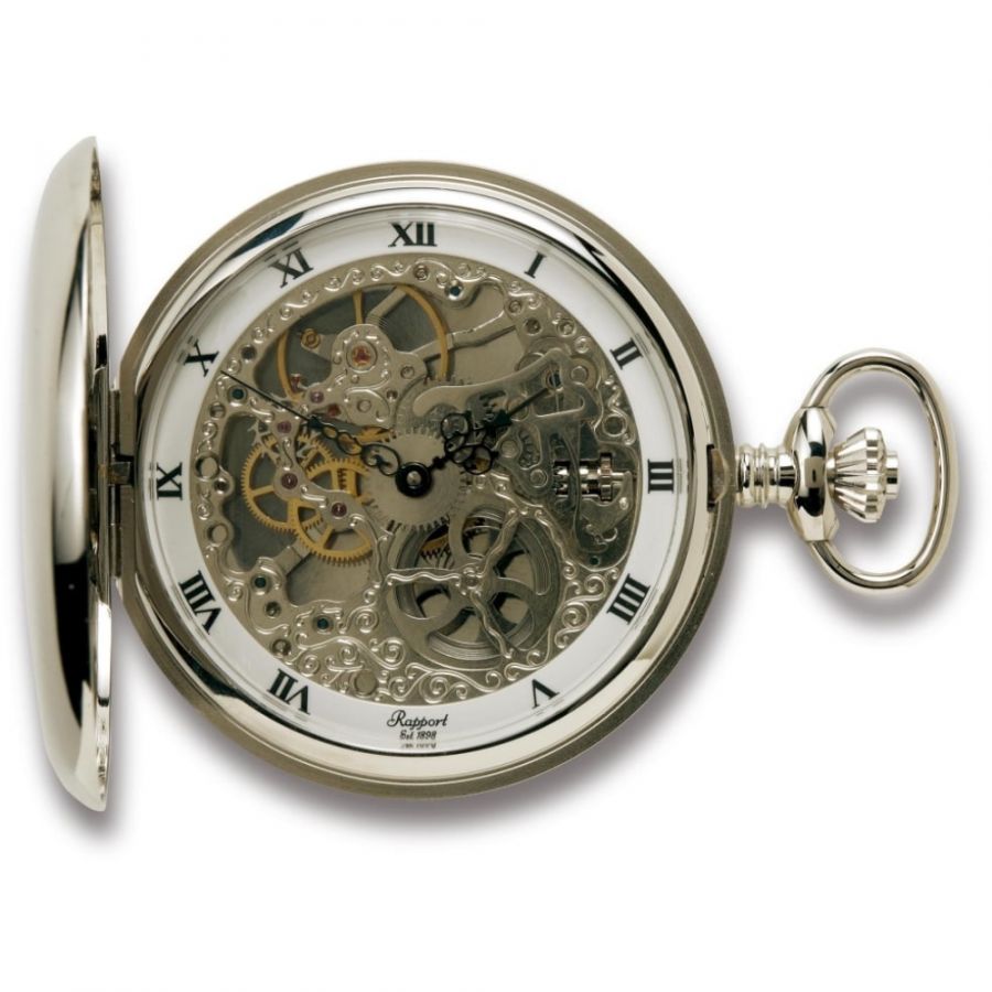 Chrome Plated Mechanical Skeleton Double Hunter Polished Pocket Watch ...