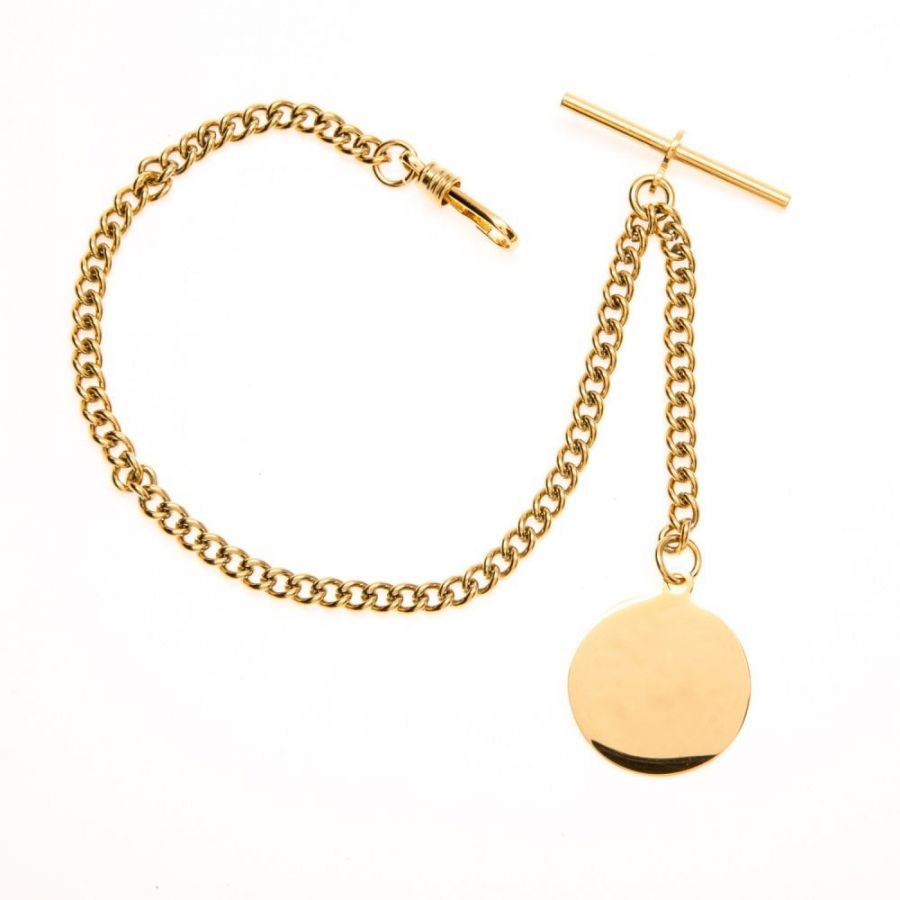 Gold Plated 9 Inch Single Albert T-Bar Pocket Watch Chain With ...