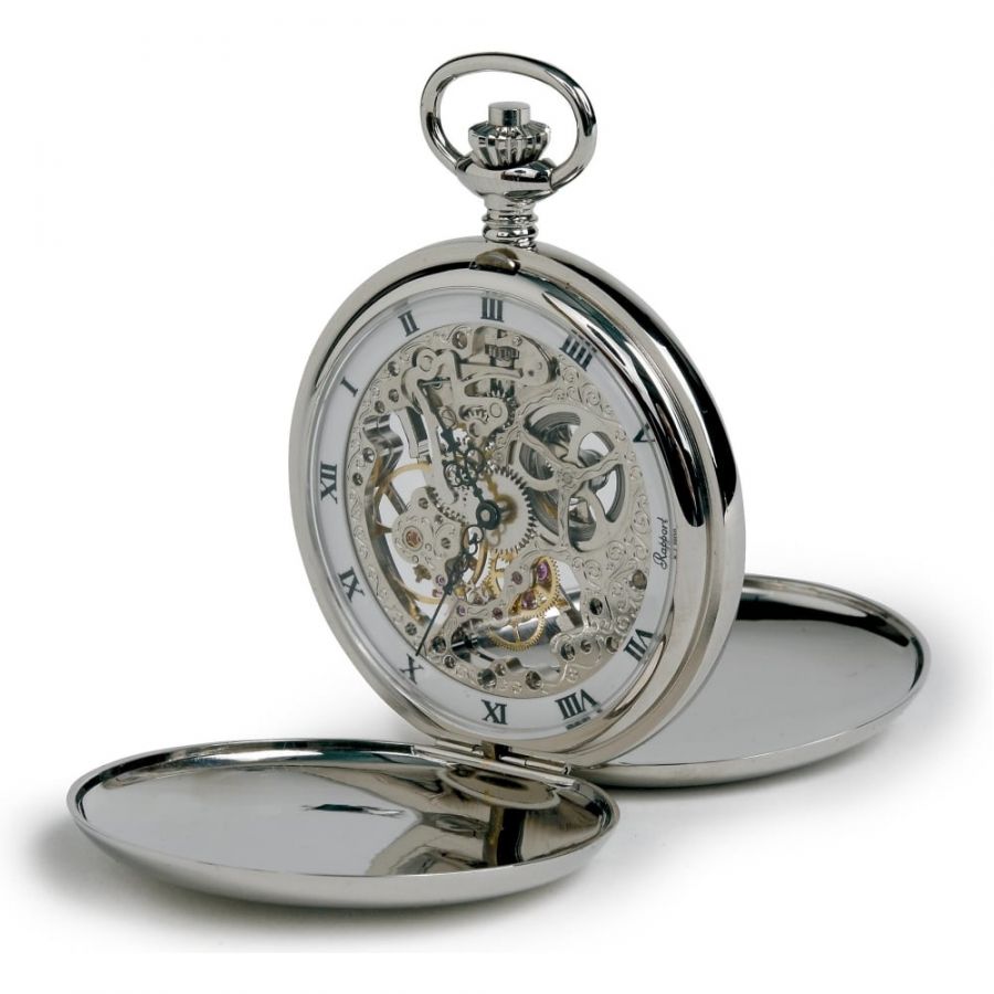 Chrome Plated Mechanical Skeleton Double Hunter Polished Pocket Watch ...