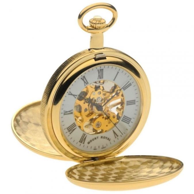 Mount Royal Skeleton Mechanical Double Hunter Gold Plated Pocket Watch ...